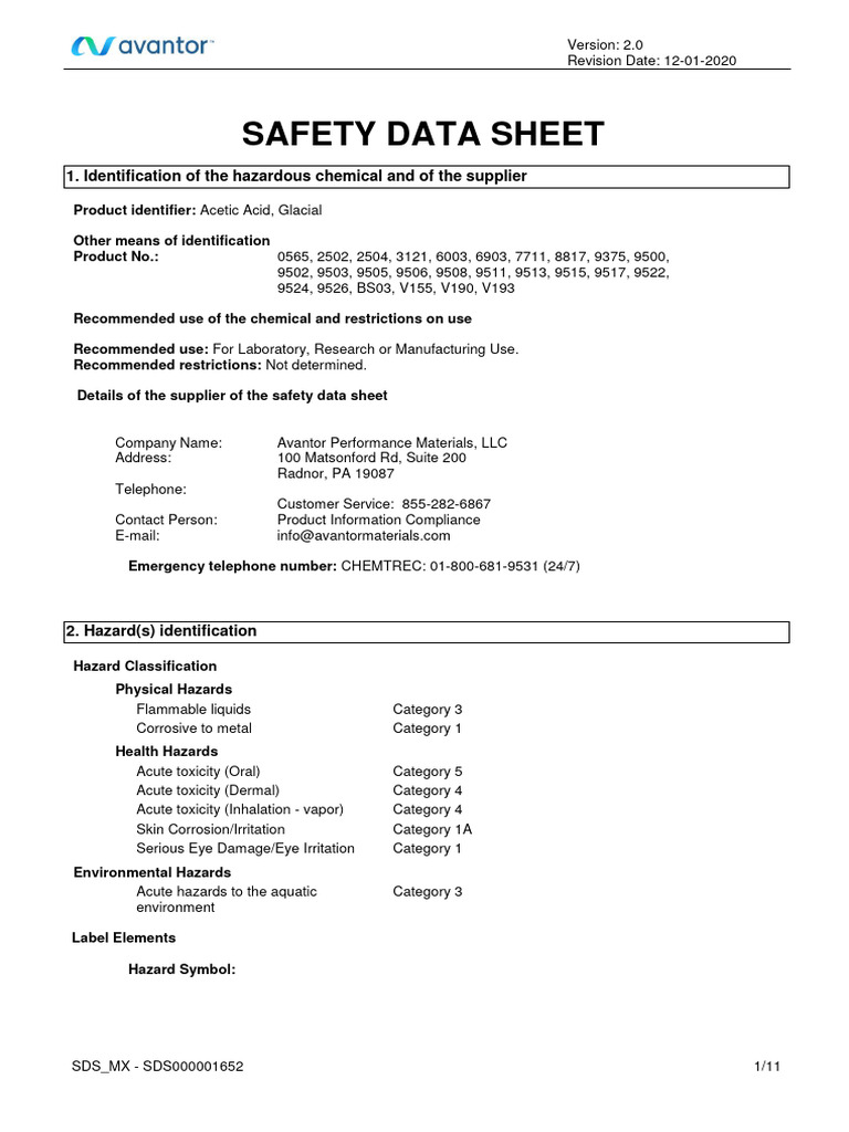 Acetic Acid Safety Data Sheet | PDF | Wellness