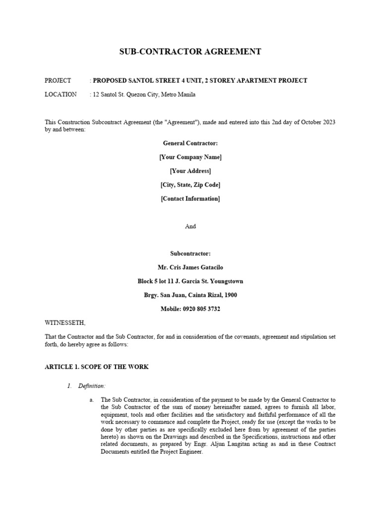Sub Contractor Agreement - Draft | PDF | Indemnity | Liability Insurance