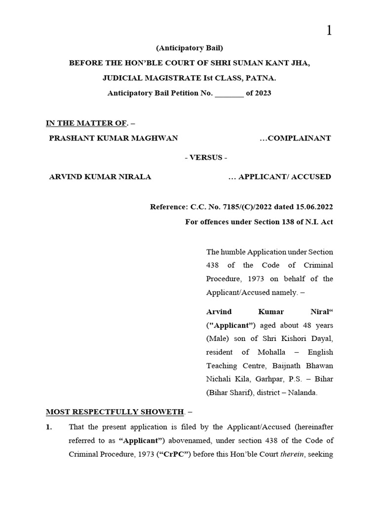 Arvind Kumar Nirala - Anticipatory Bail | PDF | Bail | Criminal Procedure In South Africa