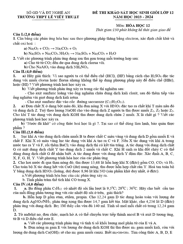 ĐỀ HSG HOA 12- (23-24) LVT | PDF