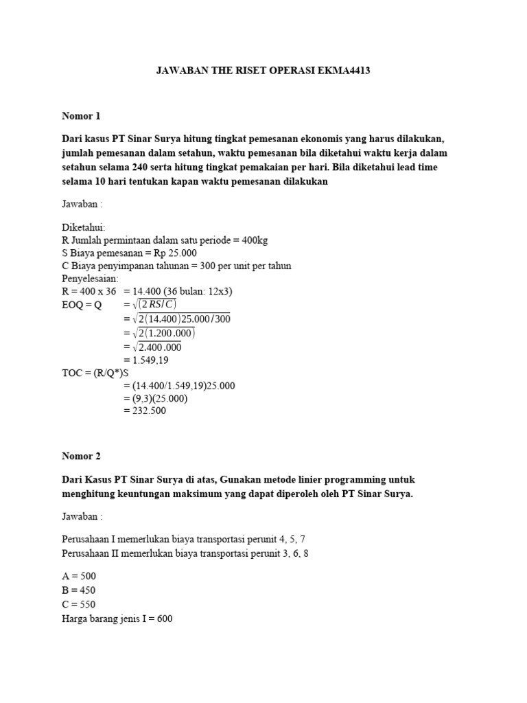 The Jawaban Riset Operasi Ekma4413 | PDF | Metode & Bahan Ajar