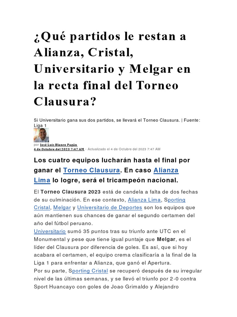 Qué Partidos Le Restan A Alianza Pdf