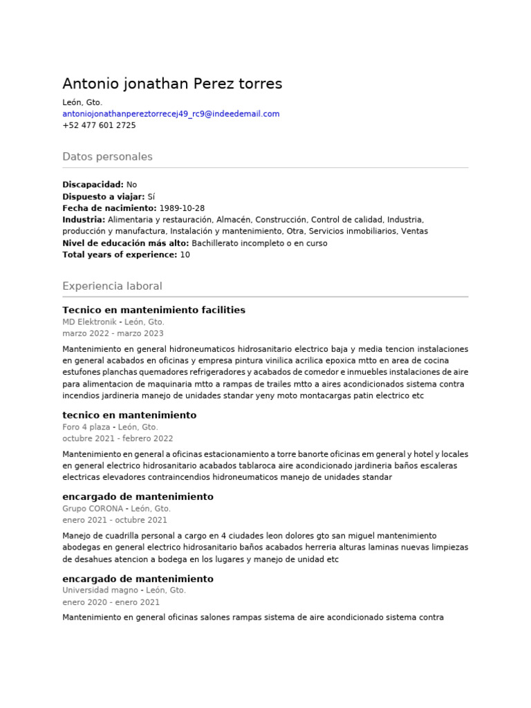 CV Antonio Jonathan Perez Torres | PDF