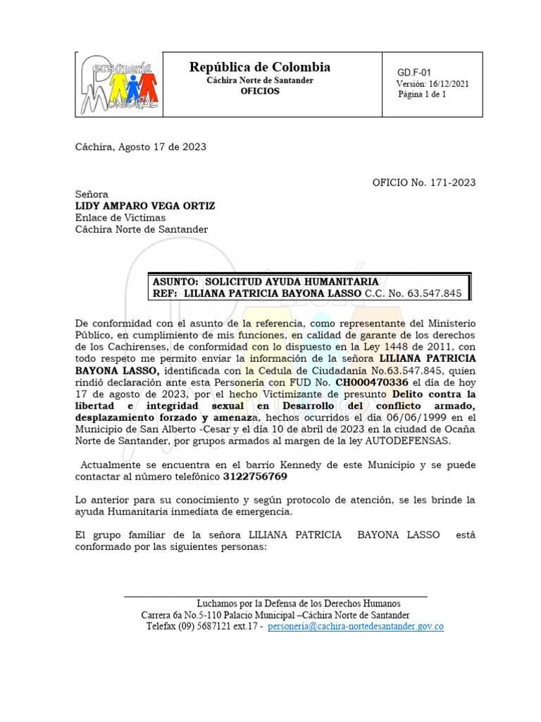 Oficio Enlace - Ayuda Humanitaria | PDF | Justicia | Crimen y violencia