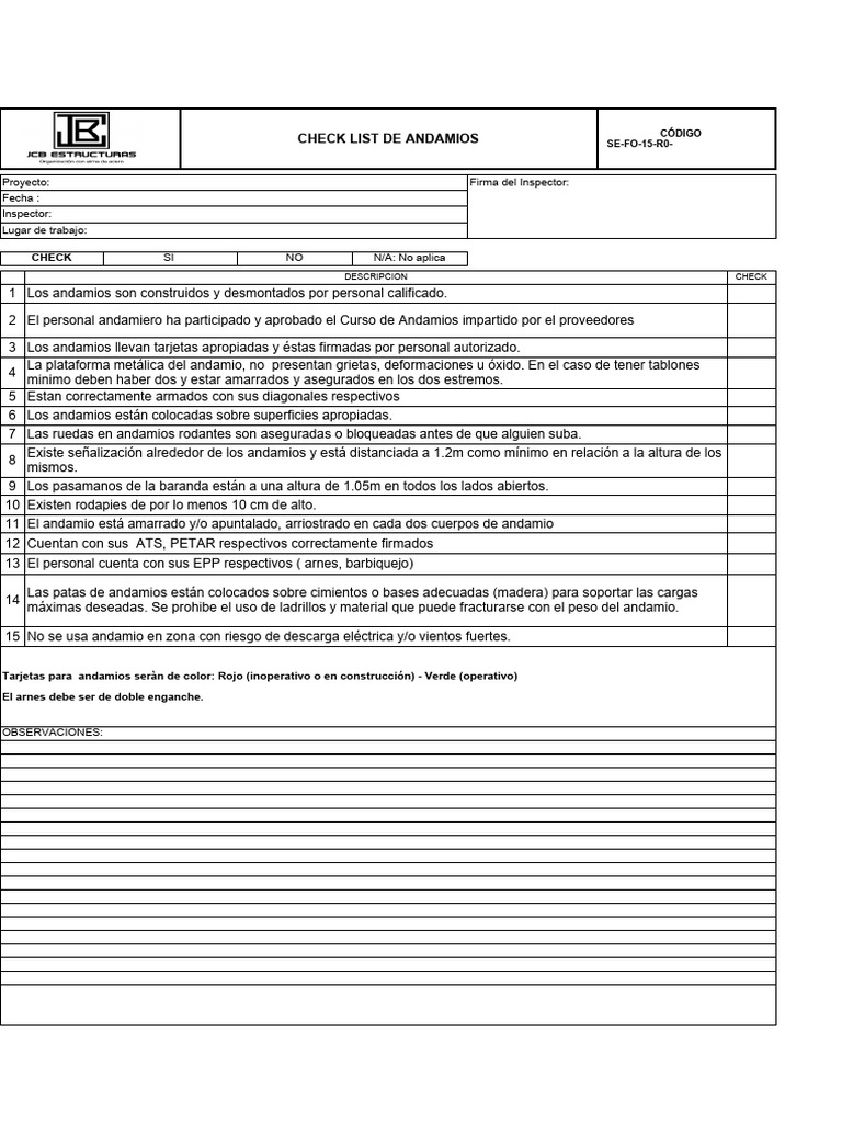 Se-Fo-15-R0 - Check List de Andamios | PDF Se-Fo-15-R0 - Check List de Andamios | PDF
