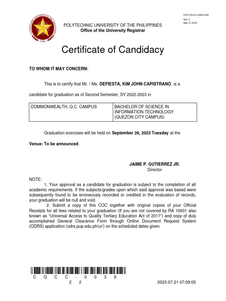 Certificate of Candidacy | PDF Certificate of Candidacy | PDF