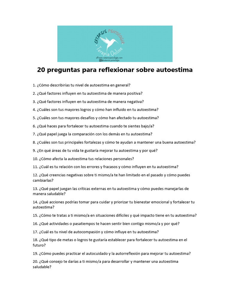20 Preguntas para Reflexionar Sobre Autoestima | PDF