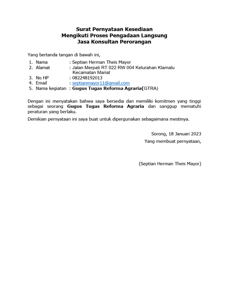 Surat Kesediaan Konsultan GTRA | PDF