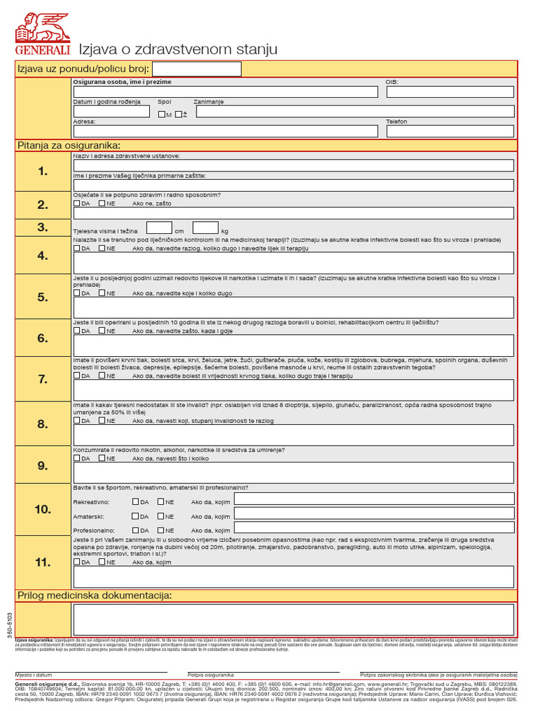 Izjava o Zdravstvenom Stanju | PDF