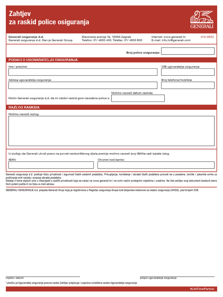 410-0902 Zahtjev Za Raskid Police Osiguranja - OF - 01 2022 - Web | PDF