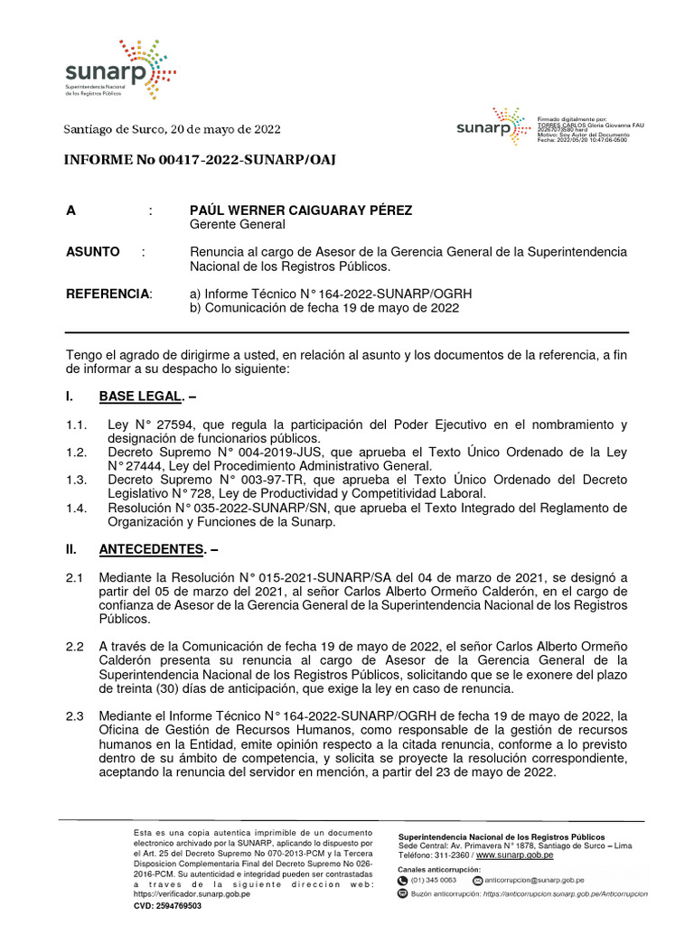 Res 074-2022-Sunarp-Sn - Informe #00417-2022-Sunarp-Oaj | PDF | Servicio Civil | Economias
