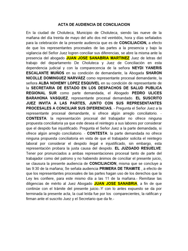 ACTA DE AUDIENCIA DE CONCILIACION y Primera de Tramite | PDF