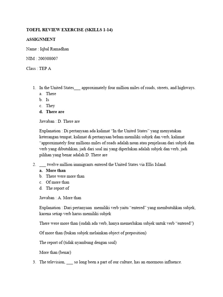 Assignment (Toefl Review Exercise Skills 1-14) | PDF