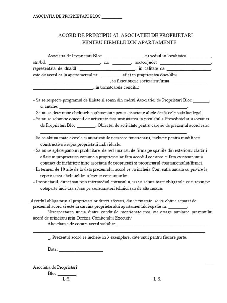Acord de Principiu Al Asociatiei de Proprietari Pentru Firmele Din ...