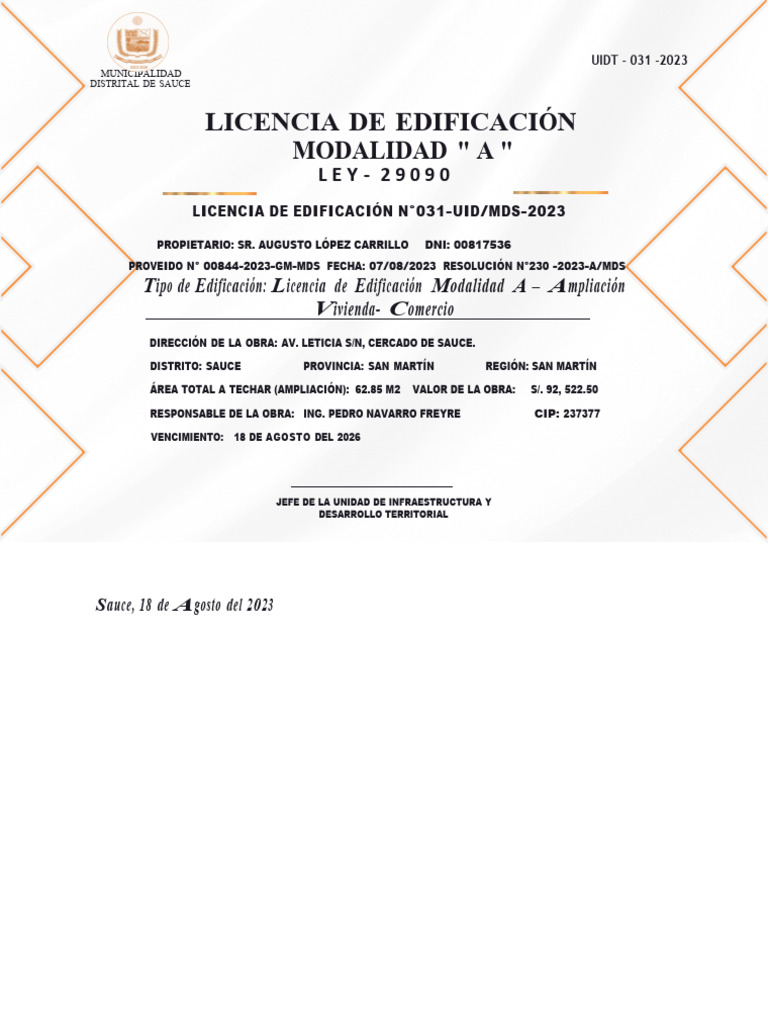 Licencia Edificación Modalidad A en Sauce | PDF