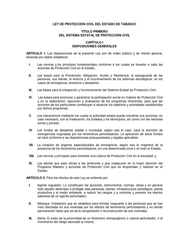 Ley de Proteccion Civil Del Estado de Tabasco DOF 29 - 07 - 2015 | PDF