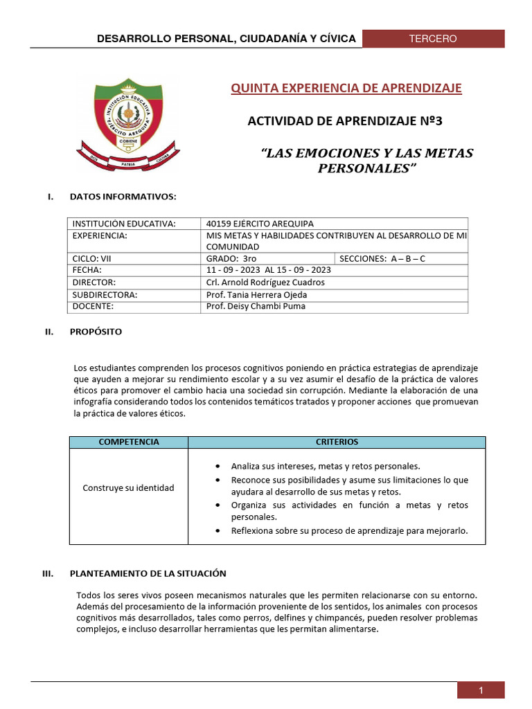 5ta Experiencia - Tercera Actividad de Aprendizaje - DPCC - Tercero | PDF | Crecimiento personal ...
