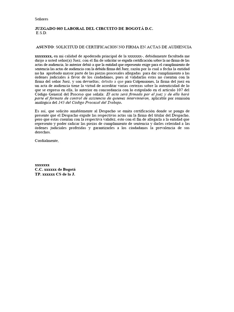 MODELO SOLICITUD DE CERTIFICACION JUZGADO | PDF