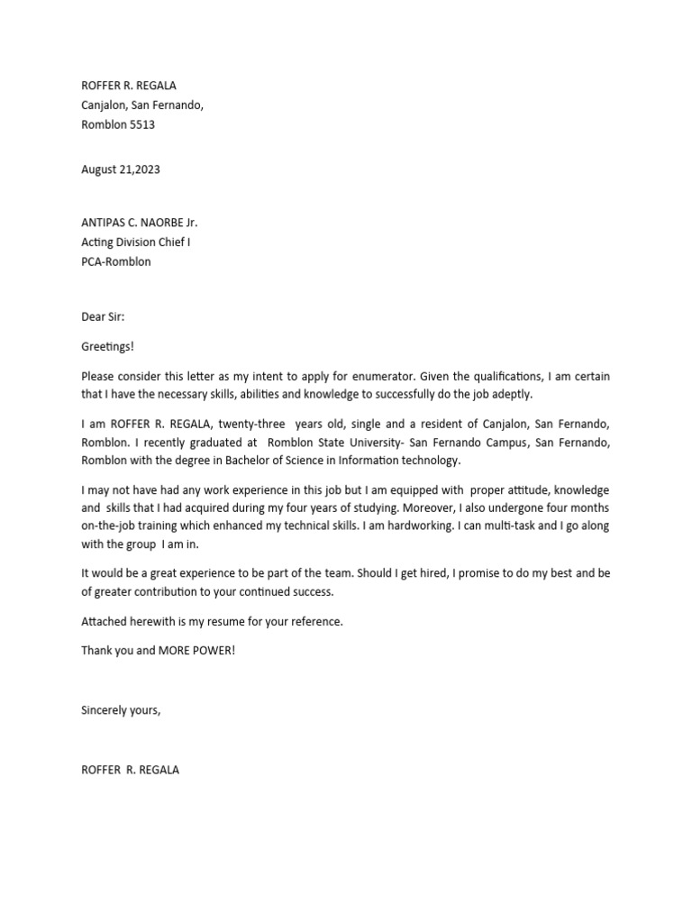 Application Letter For Enumerator | PDF