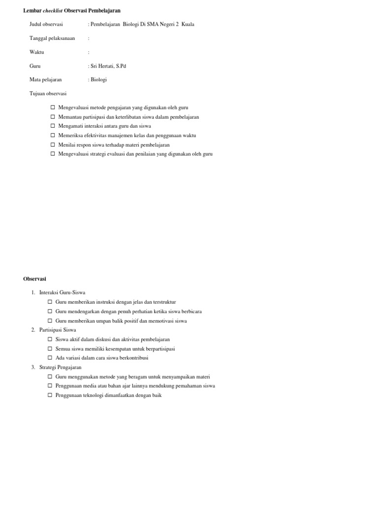 Lembar Checklist Observasi Pembelajaran Sri Hertati | PDF