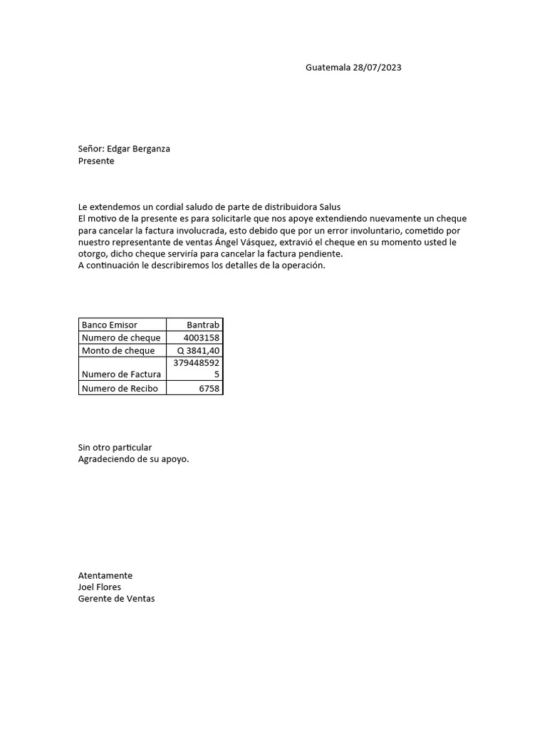 Carta Para Reposicion de Cheque | PDF