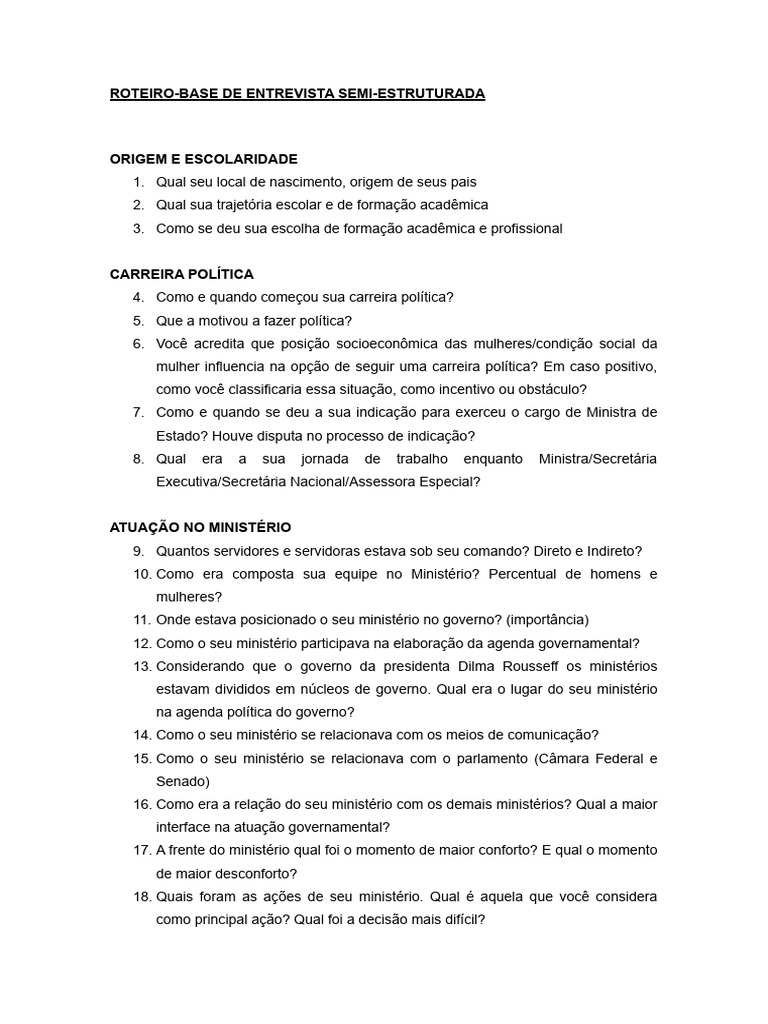 ROTEIRO Entrevista Semi Estruturada | PDF ROTEIRO Entrevista Semi Estruturada | PDF