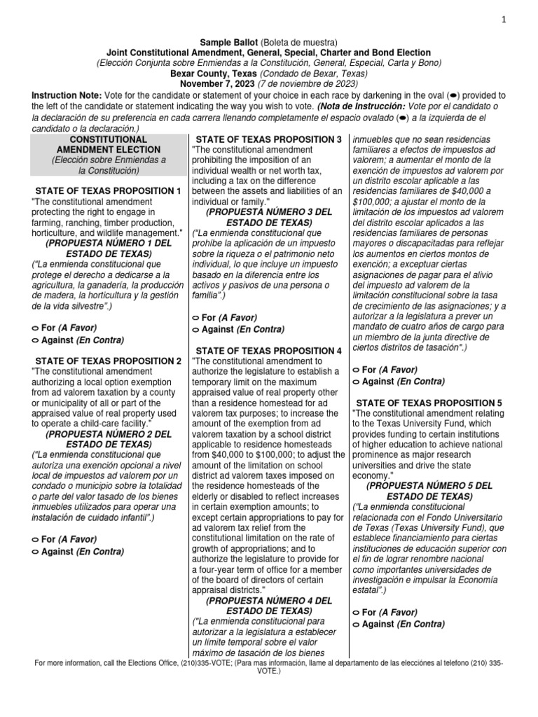 Bexar County Generic Sample Ballot Nov. 7 2023 | PDF