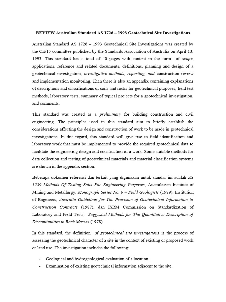 AS 1726: Geotechnical Site Investigations | PDF | Geotechnical ...