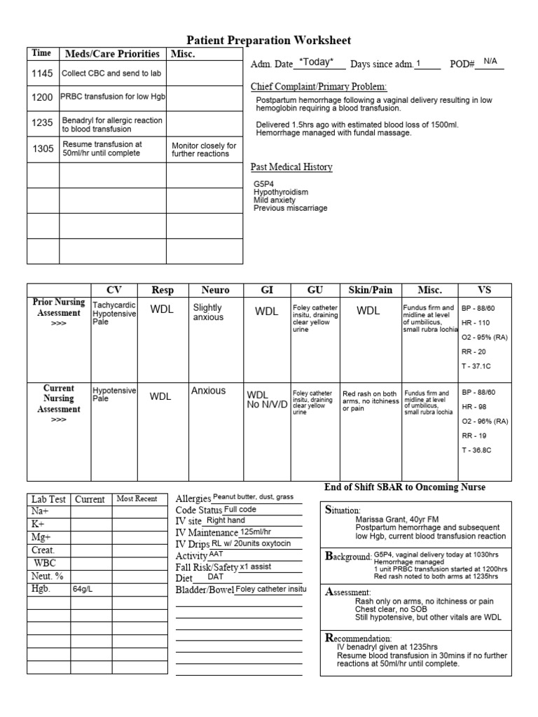 Blood Transfusion Vsim Nursing Worksheet | PDF | Blood Transfusion | Childbirth