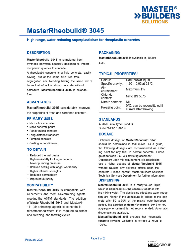 MasterRheobuild 3045 TDS | PDF | Concrete | Building Materials