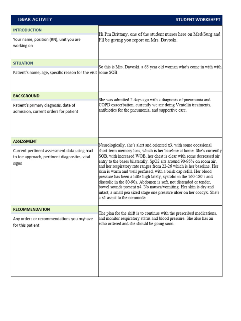 Isbar Worksheets | PDF | Pneumonia | Patient
