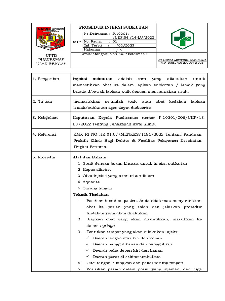 Prosedur Injeksi Subkutan Sop 2023 | PDF