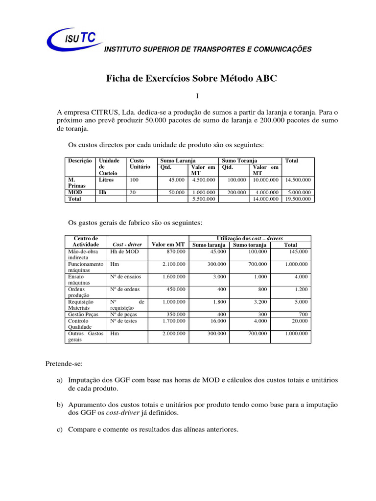 Ficha de Exercicios II - Metodo ABC | PDF