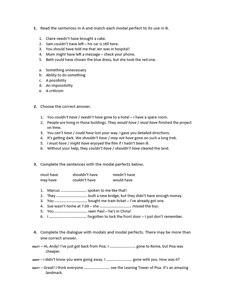 Modal Perfects and Modals - Exercises Book 1 bach | PDF