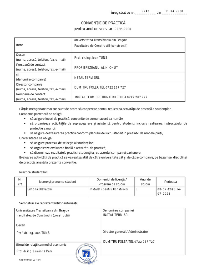Conventie de Practica | PDF