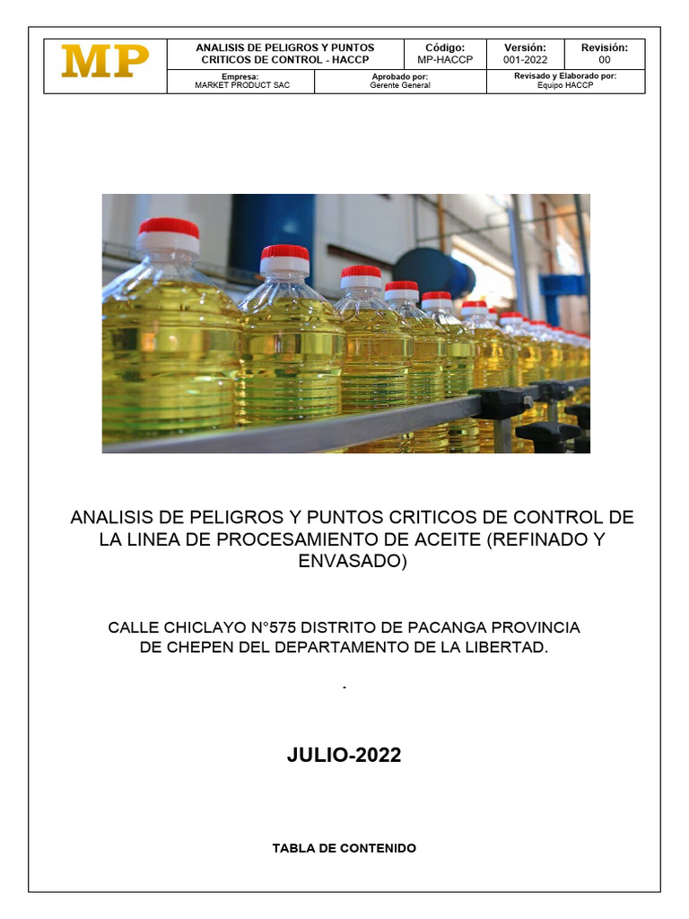 Plan Hacer Aceite | PDF | Análisis de Riesgo y Puntos Críticos de Control | Seguridad alimenticia
