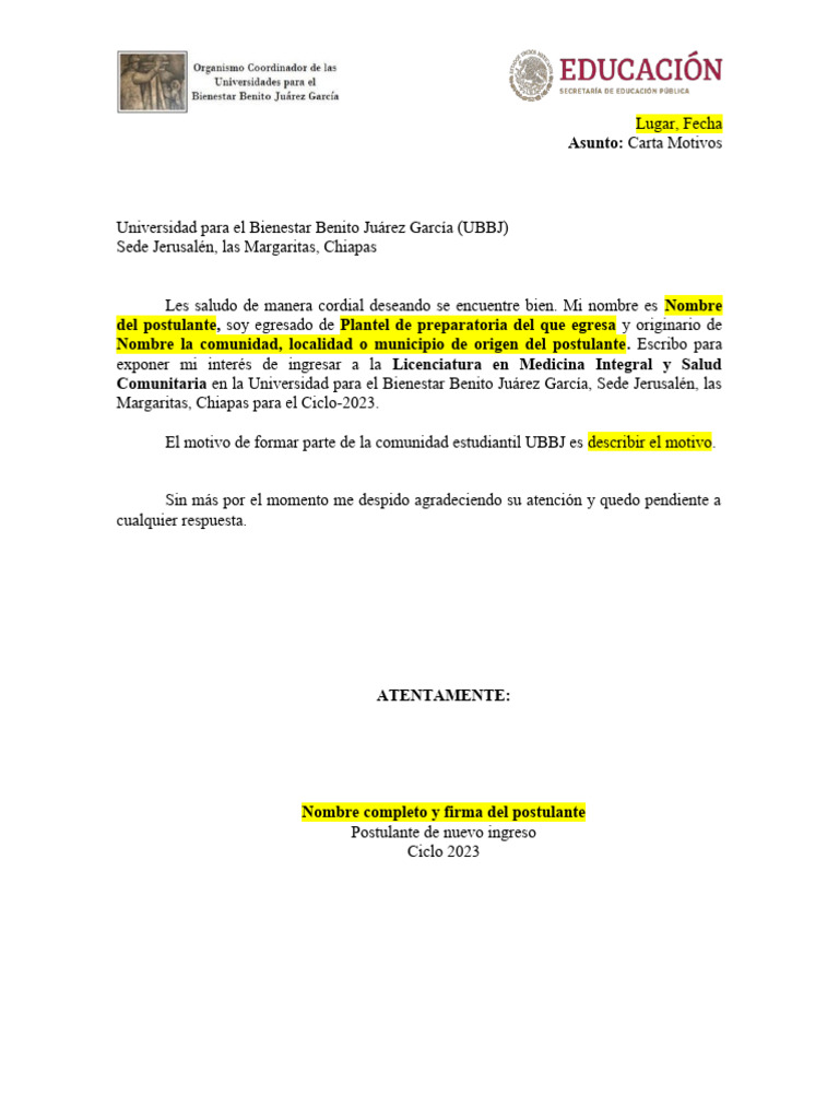 Carta motivos UBBJ_ciclo 2023 | PDF