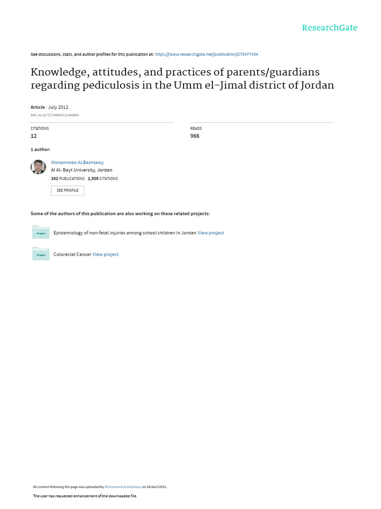 Knowledge, Attitudes, and Practices of Parents/guardians Regarding Pediculosis in The Umm El ...