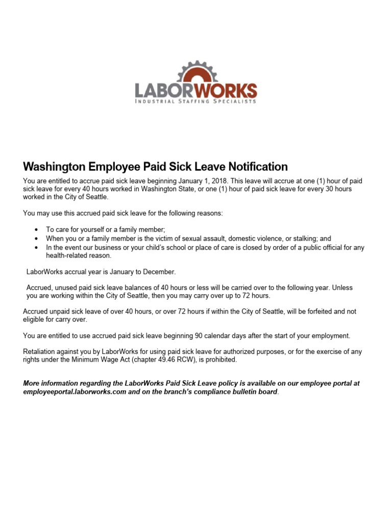 WA State Employee Notification For Paid Sick Leave | PDF