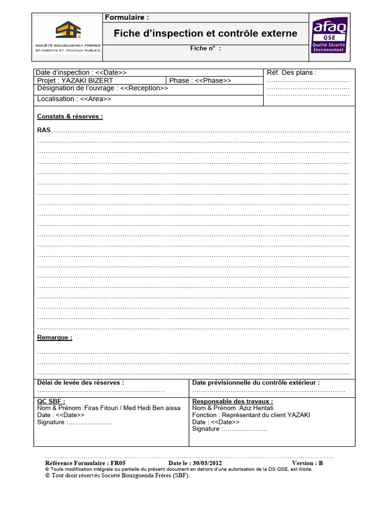 FR005 Fiche D'inspection & Contrôle Externe-B | PDF