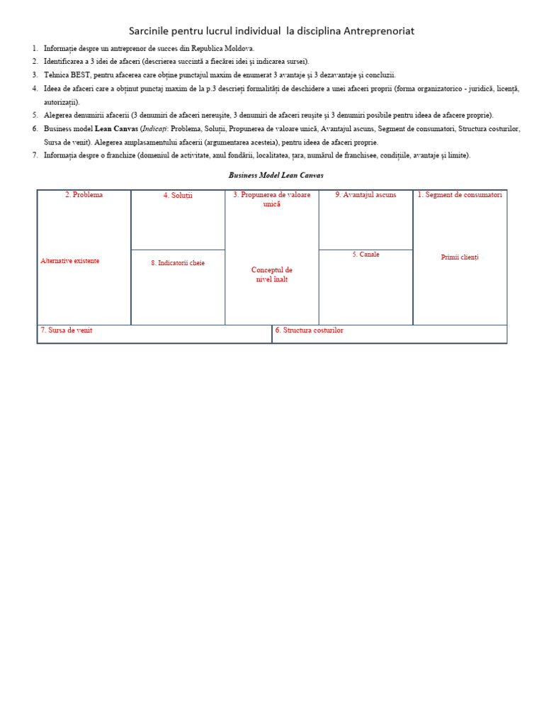 Sarcinile Pentru Lucrul Individual La Disciplina Antreprenoriat | PDF
