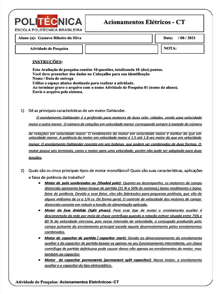 Atividade de Pesquisa 01 Gustavo Ribeiro Da Silva Acionamentos Eletricos - Compress | PDF