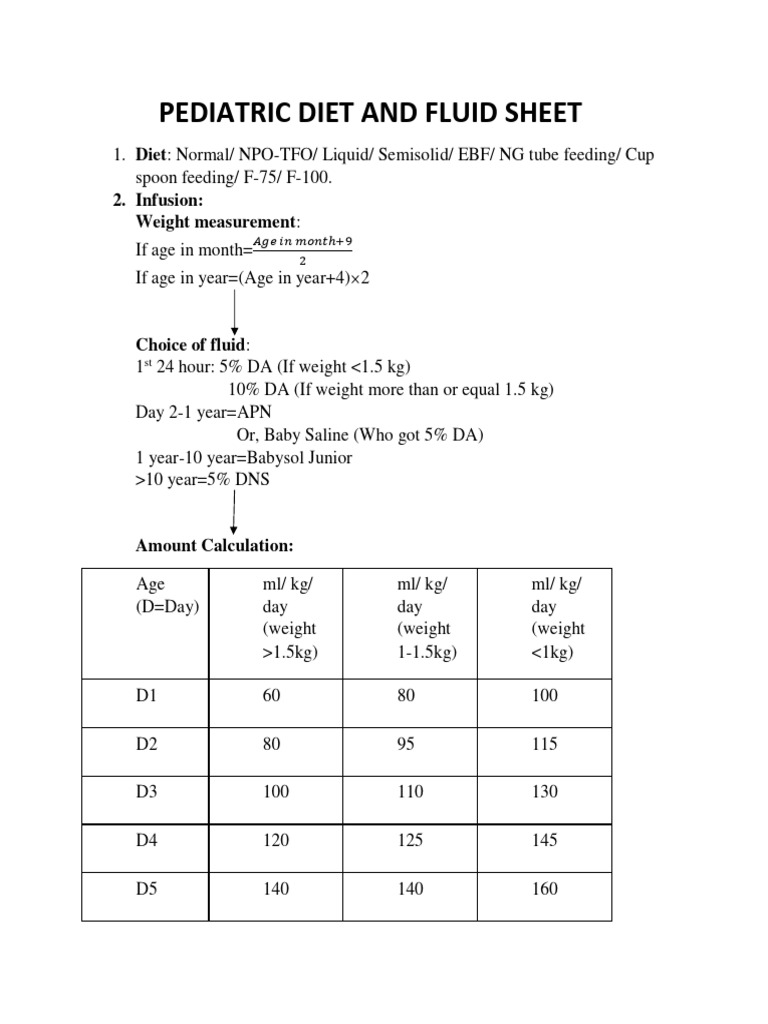 Pediatric Diet and Fluid Sheet | PDF | Pharmacology | Medical Specialties