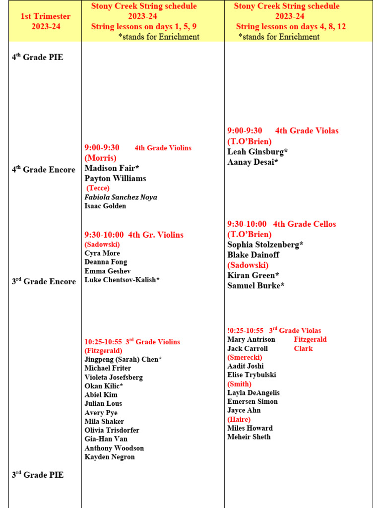 Sce String Lesson Schedule 2023-24 1st Trimester | PDF