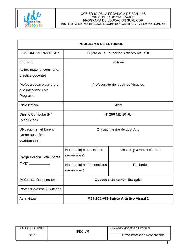 SUJETO ARTISTICO VISUAL II - 2c - Plan 286 | PDF