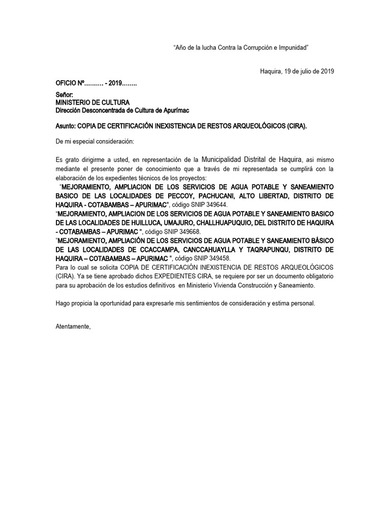 Oficio Cira para Requerir Una | PDF