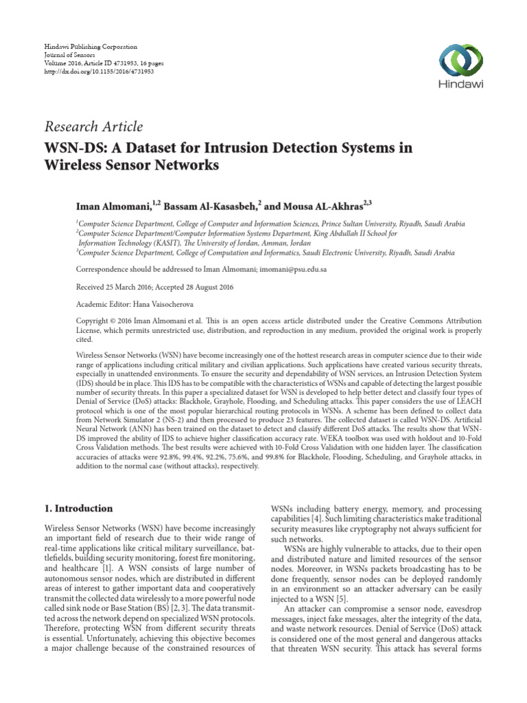 WSN DS A Dataset For Intrusion Detection | PDF | Wireless Sensor Network | Computer Network