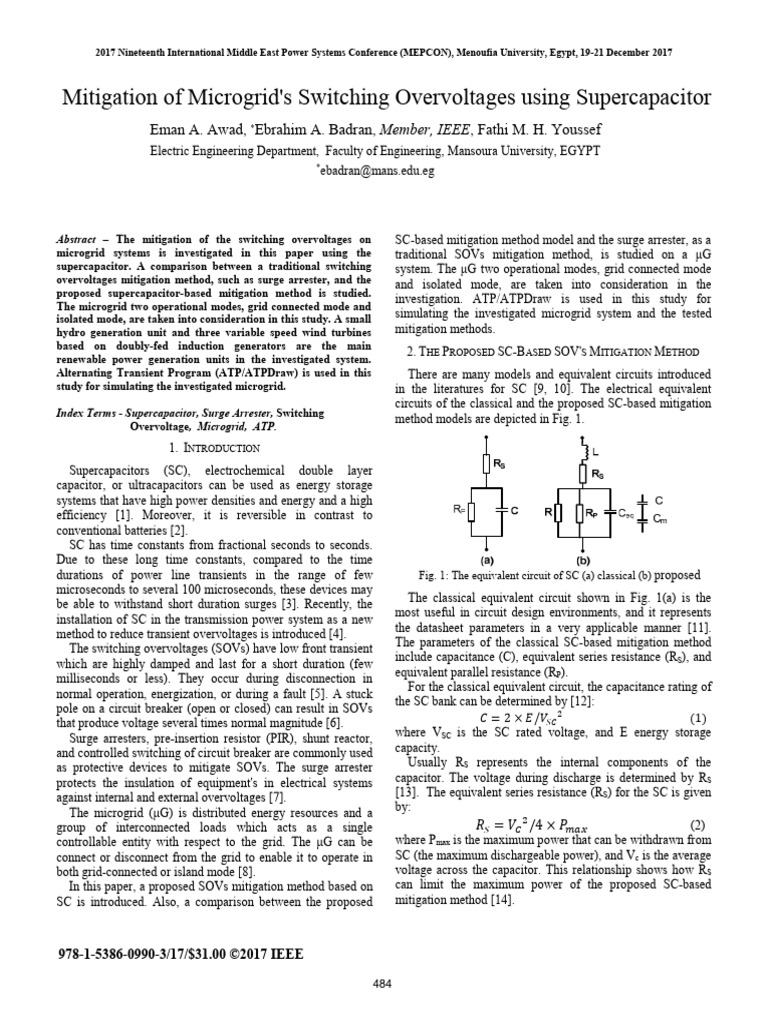 Mitigation Of Microgrids Switching Overvoltages Using Supercapacitor Pdf