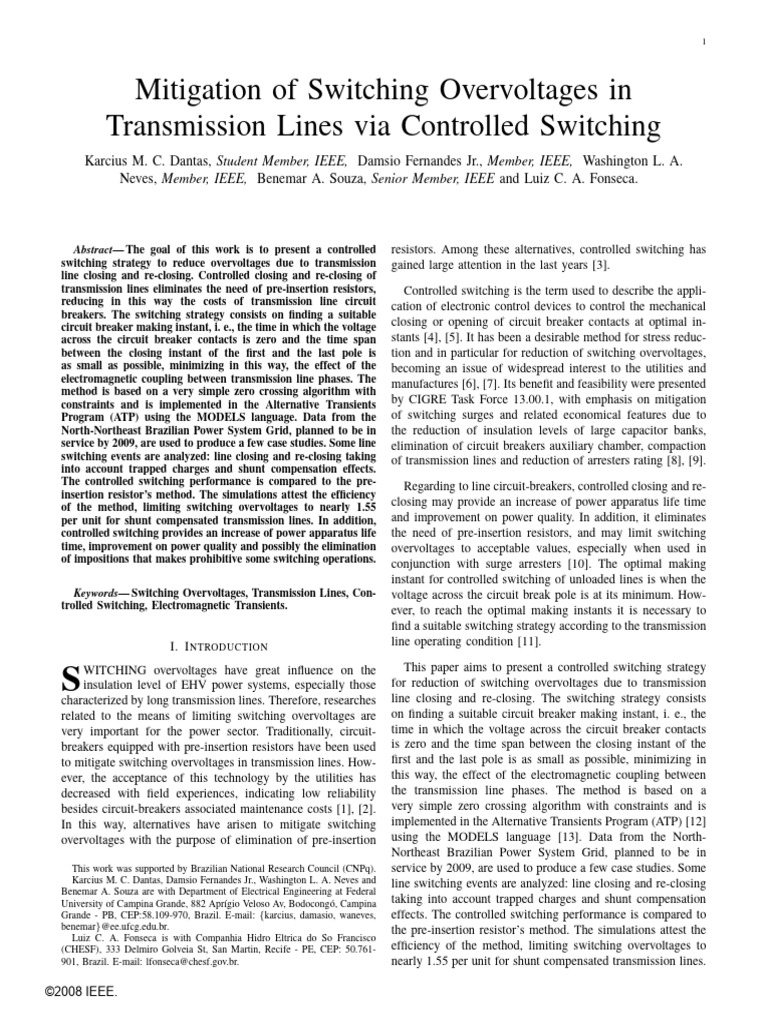 Mitigation of Switching Overvoltages in Transmission Lines Via Controlled Switching | PDF ...