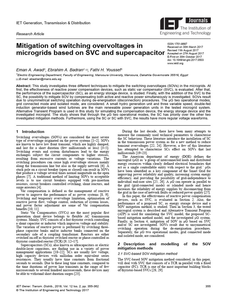 Mitigation of Switching Overvoltages in Microgrids Based On SVC and Supercapacitor | PDF ...